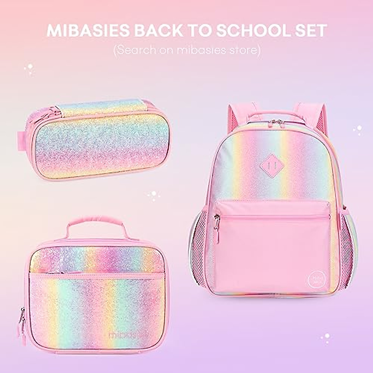 mibasies Girls Backpack for School, Kids Backpack School Bag for Elementary Age 5-8, Pink Blue Rainbow