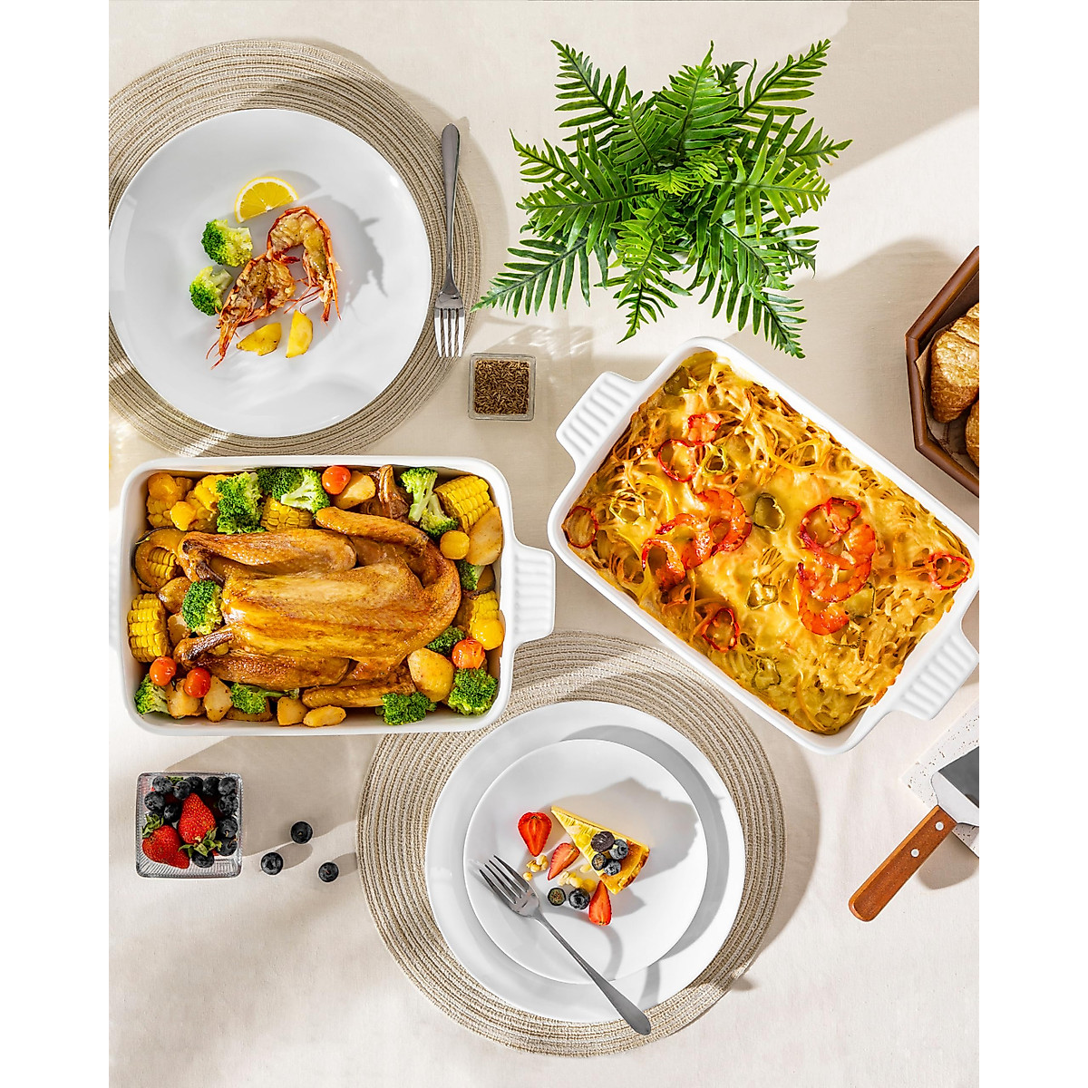 MALACASA 4.4 QT Baking Dish, 9x13 Large Casserole Dish for Oven, Ceramic Baking Pan, Rectangular Lasagna Pan Deep with Handles for Baking, Durable Microwave Oven Safe, White, Series BAKE-BAKE