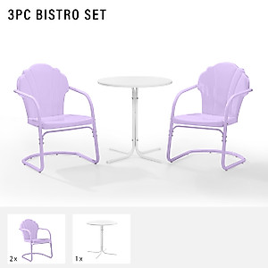 Crosley Furniture Tulip 3-Piece Outdoor Bistro Set, Vintage Retro Metal Patio Table and Chairs for Dining, Lavender Gloss/White Satin