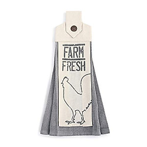Farm Fresh Grey and Cream 20 x 6 Cotton Fabric Button Loop Dish Tea Towel