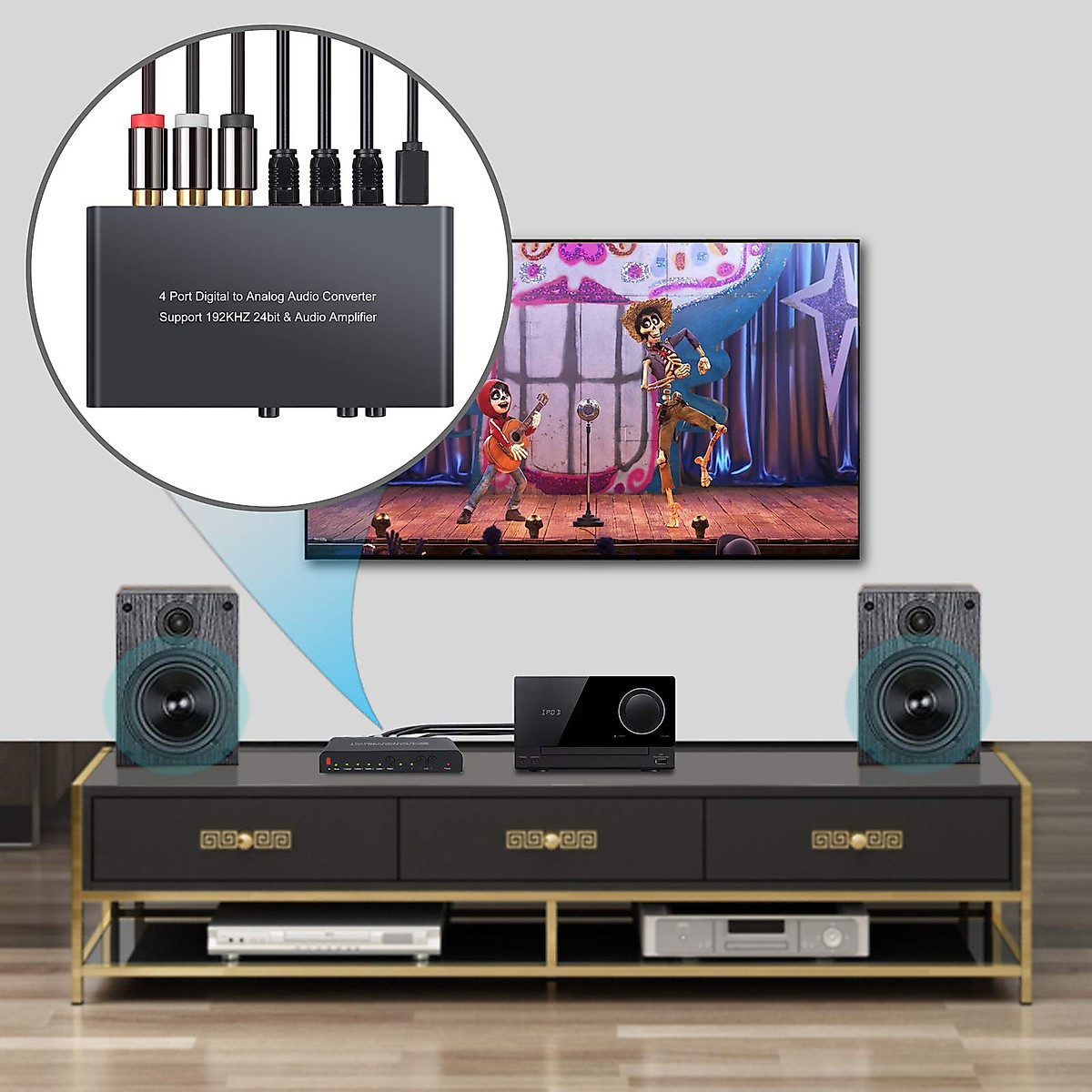 LiNKFOR DAC Converter 192kHz Digital to Analog Audio Converter 3 Optical SPDIF Toslink + 1 Coaxial Switch to Analog Stereo L/R RCA 3.5mm Audio Adapter Support Volume Control/Mute/Power ON or OFF by