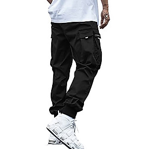 Romwe Men's Flap Pocket Drawstring Elastic Waist Letter Graphic Street Cargo Pants Black XL