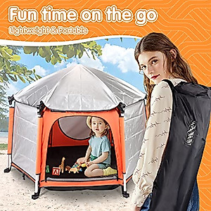 Baby Playpen, BIUSIKAN Premium Portable Baby Beach Tent, Lightweight Pop Up Pack and Play Baby Play Yard with Canopy and Travel Bag, Toddler Playpen for Indoor/Outdoor use - Orange