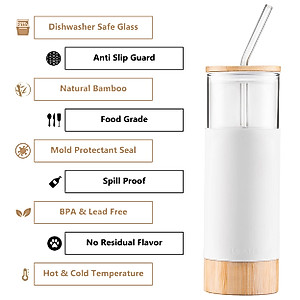 Premium 20oz Glass Tumbler Cup with Straw and Bamboo Lid & Base with Protective Silicone Sleeve - BPA Free - Growler Water Bottle Reusable Drinking Glasses Cup for Iced Tea, Coffee, Smoothie - White