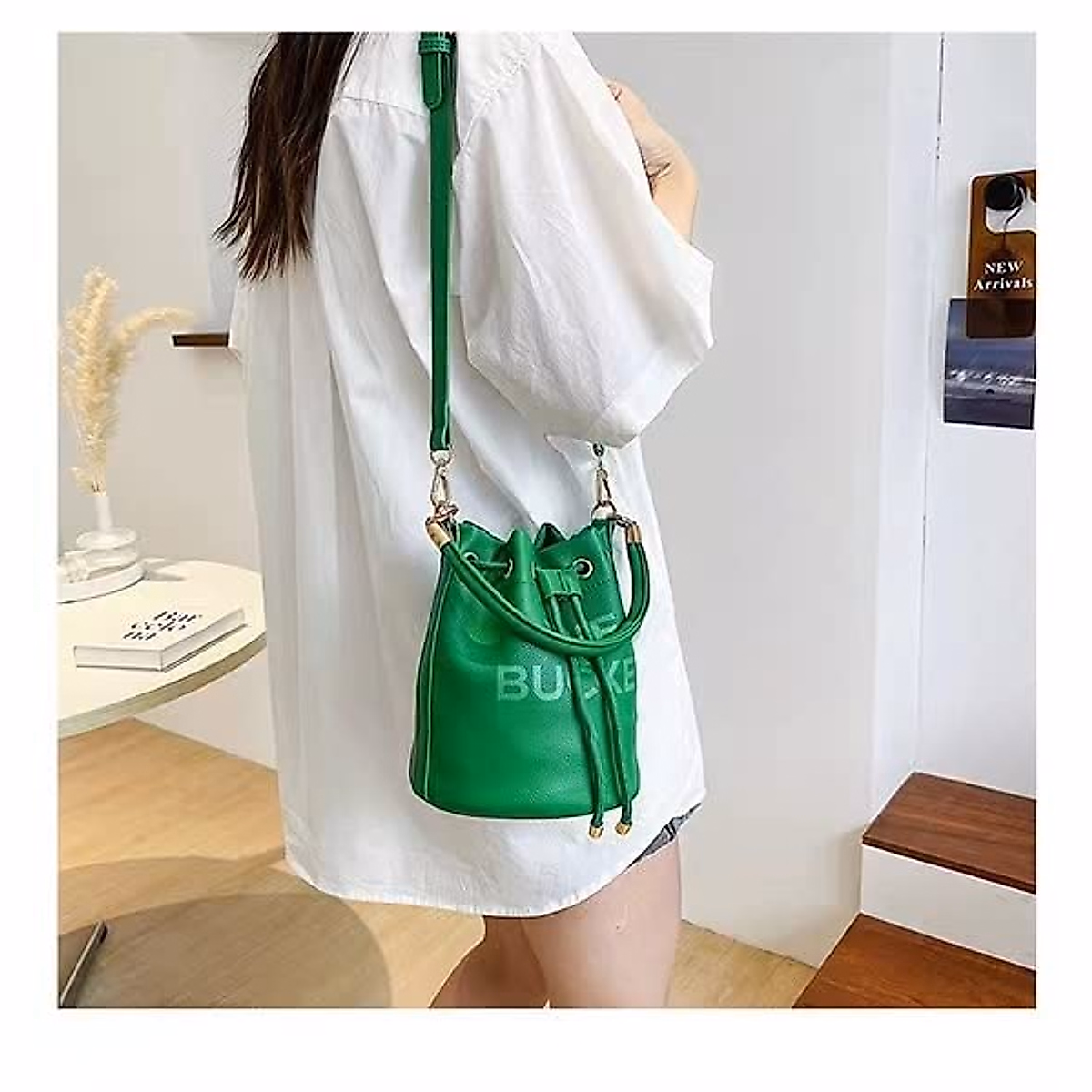 Bucket Bags for Women, Mini Bucket Bag Purses Soft Leather Crossbody Bucket Bags Drawstring Handbags Boho Bag (Green)