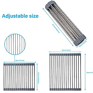 OHOH Retractable Dish Drying Rack for Sink, Adjustable Length Ranges from 10.8"-19.7", Multipurpose Heat Resistant Roll Up Kitchen Draining Rack for Cups Fruits Vegetables (Silver)