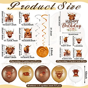 Libima 99 Pieces Highland Cow Birthday Decorations Include 25 Highland Cow Cake Toppers 50 Pcs 12 Inch Cattle Latex Balloons and 24 Highland Cow Hanging Swirls for Highland Cow Cattle Birthday Party