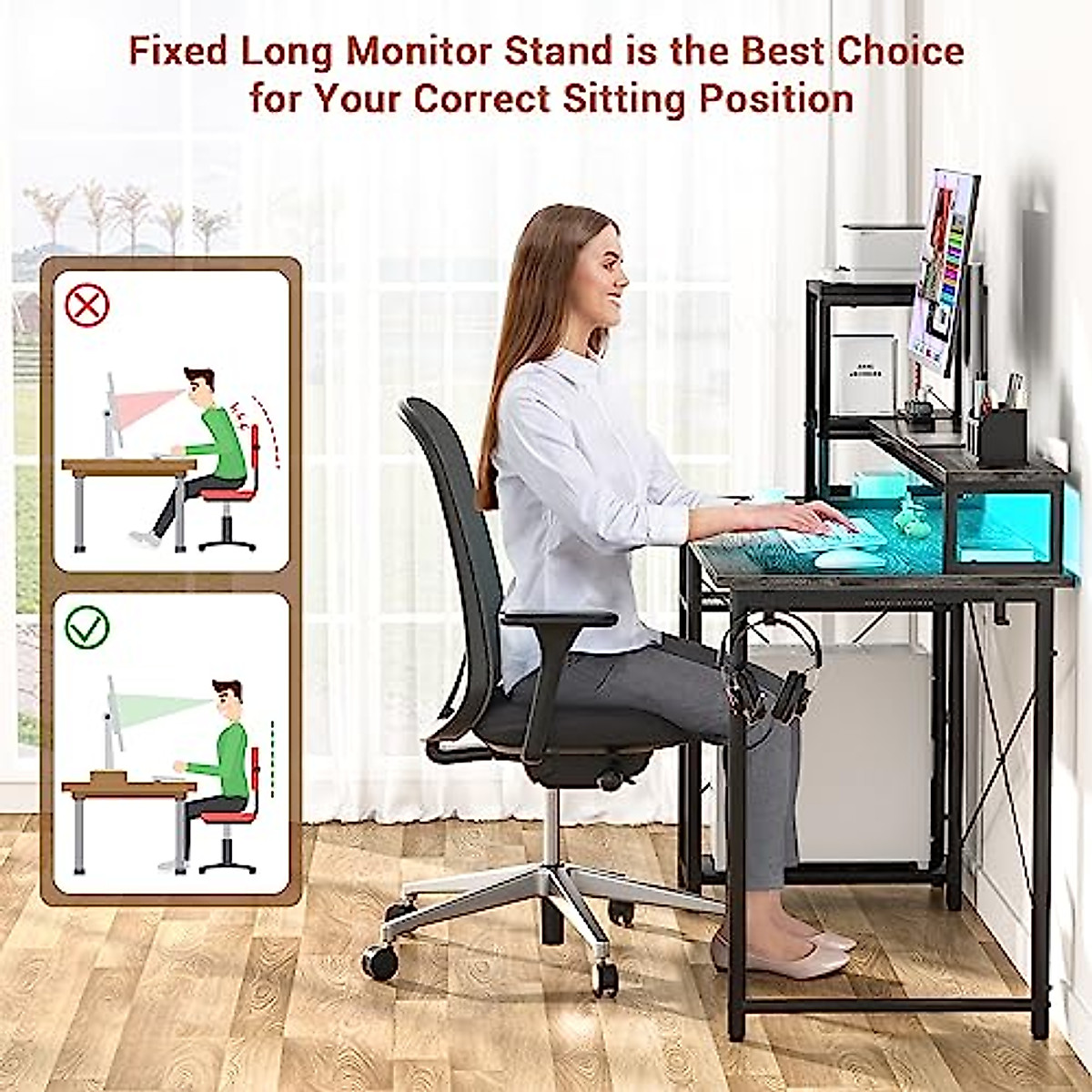 armocity 2023 Upgrade Gaming Desk with LED Lights, Small Computer Desk with Long Monitor Stand, 40'' Reversible Laptop Table with Storage Shelves, Small Desk for Small Spaces, Gaming Room, Grey