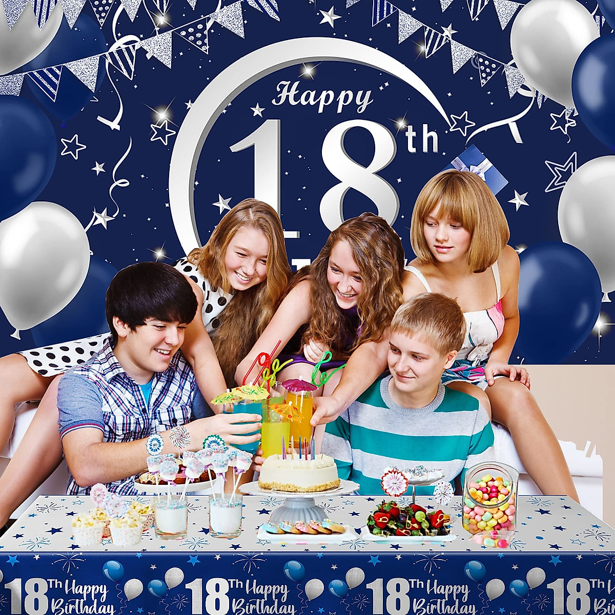 Navy Blue 18th Birthday Decorations for Boys and Girls, Happy 18th Birthday Backdrop, Tablecloth, Balloons Garland Arch Kit - 18th Birthday Banner Party Supplies Bday Decor for 18 Year Old