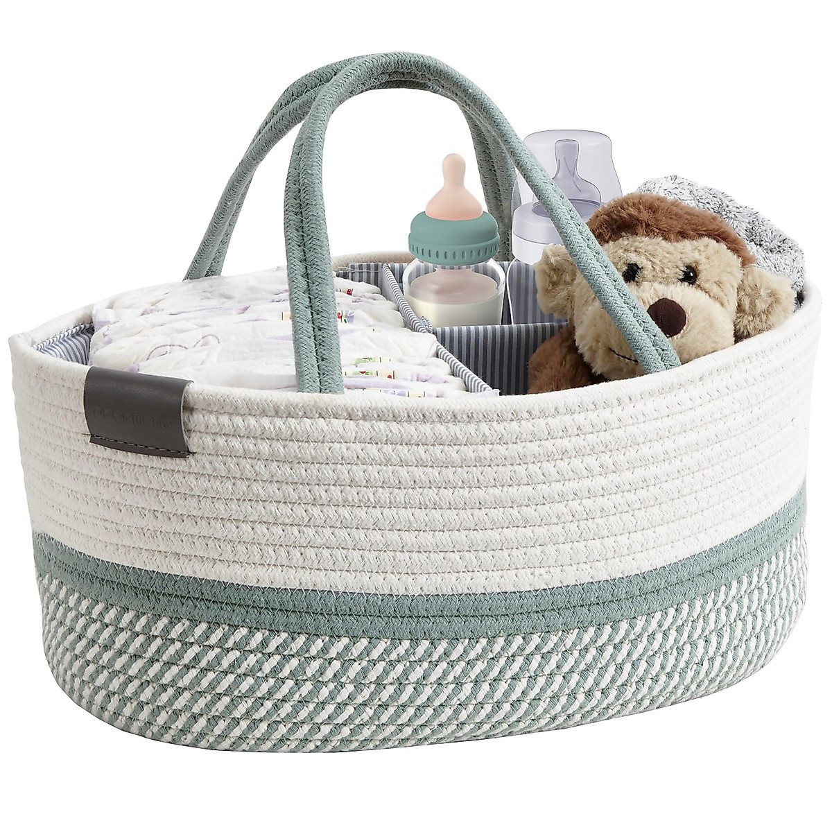 DECOMOMO Green Diaper Caddy, Nappy Caddy, Woven Baby Basket (Sage Green & White, Large)