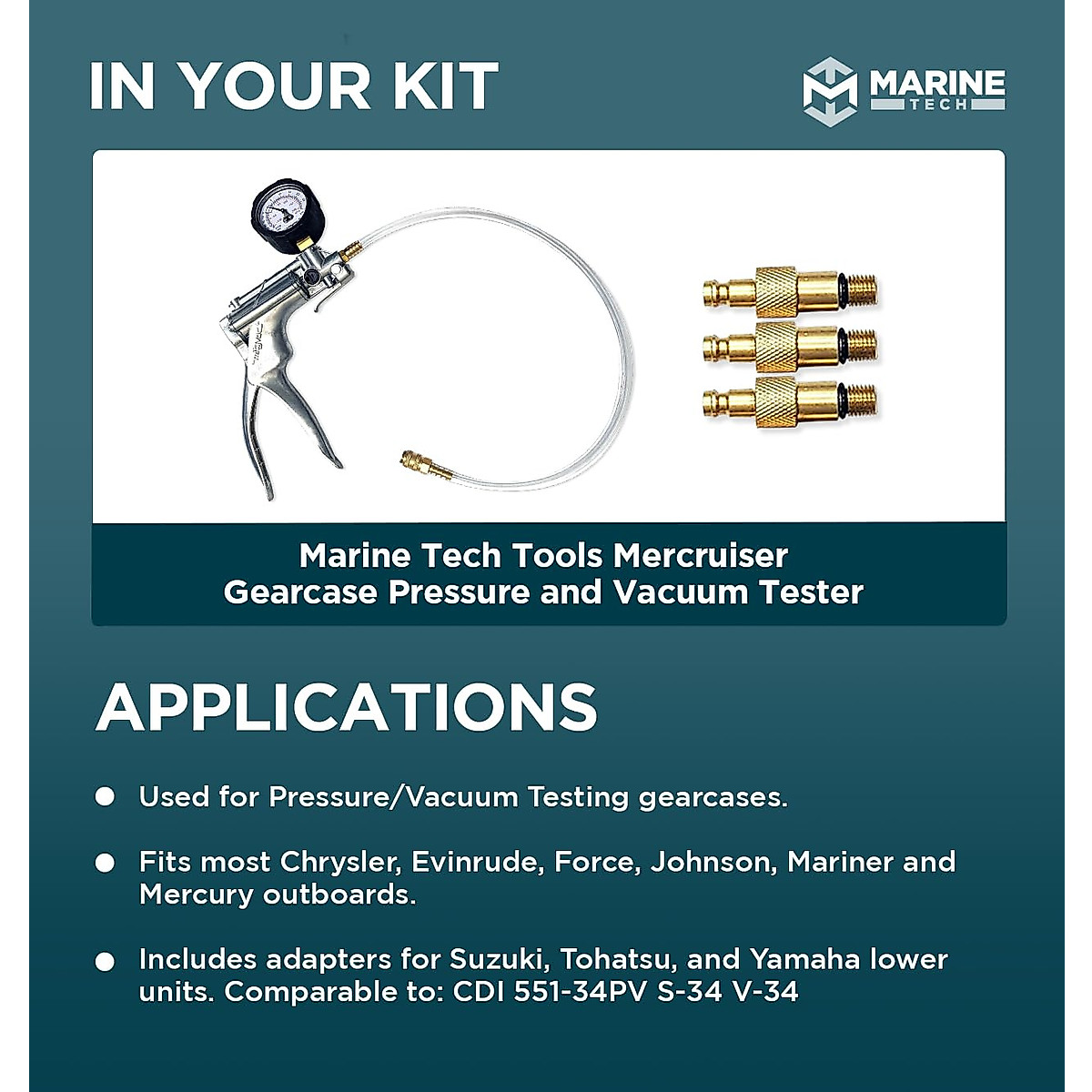 Marine Tech Tools Gearcase Pressure and Vacuum Tester, Gearcase Pressure Tester, Gearcase Vacuum Tester, Vacuum and Pressure Tester Kit, Fits Chrysler, Evinrude, Force, Johnson & Mercury Outboards