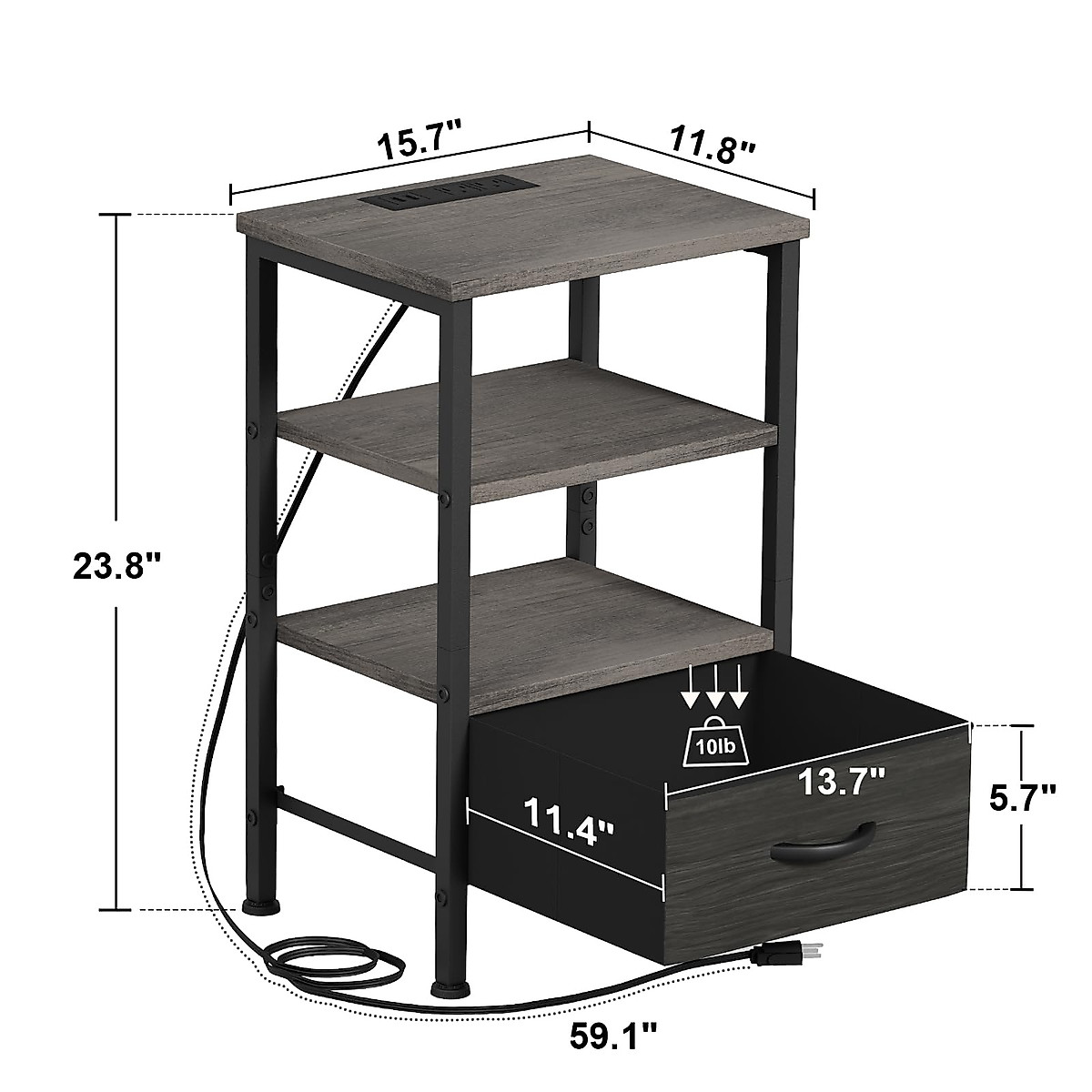 Fixwal Nightstands Set of 2 with Charging Station, Night Stand with Charging USB Ports 3-Tier Storage, Bedside Nightstand with Adjustable Fabric Drawer for Bedroom, Sofa, Modern Farmhouse Walnut Gray