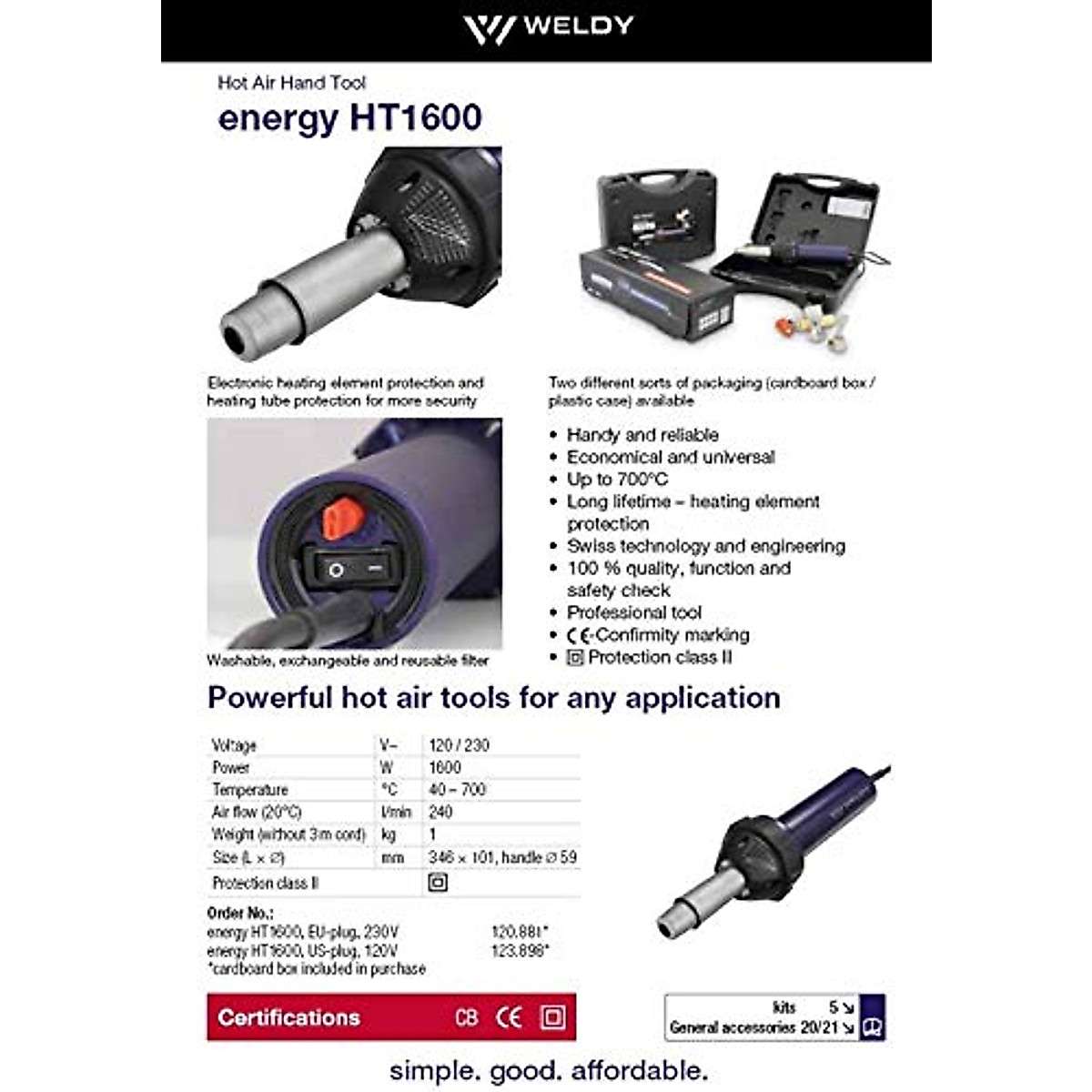 Weldy 1600W Professional Hot Air Equipment Hot Blast Torch Overlap Air Welding Gun Welder Pistol Tool Hot Air Gun, 120V and Flat Nozzle, Perfect for Welding Tpo Roofing Membrane, DIY Tool