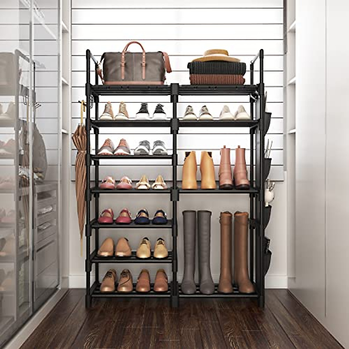 ROJASOP 7-Tier Shoe Rack for Entryway Closet, 25-28 Pairs Tall Garage Shoe Rack for Closet with Side Hooks Large Shoe Rack Storage Organizer Metal Stackable Boot Shoe Rack for Garage, Bedroom