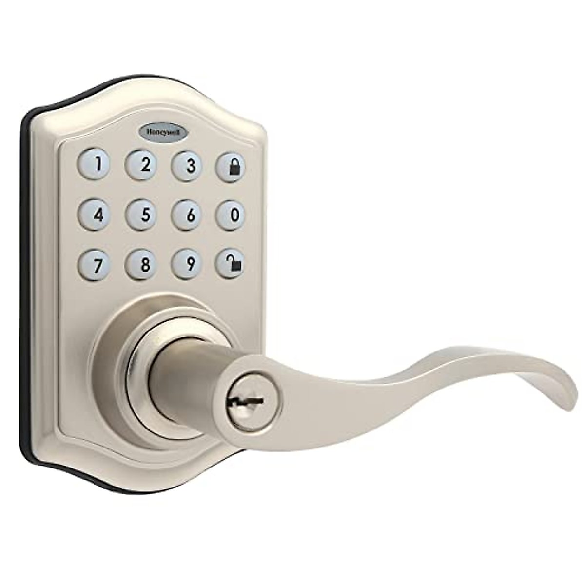 Honeywell Safes & Door Locks - Keyless Entry Lever Door Lock Handle with Electronic Keypad - Easy to Install for Front Door Lock with Code - 50 User Pin Codes - Satin Nickel, 6.5 x 8.8 x 9 in, 8734301