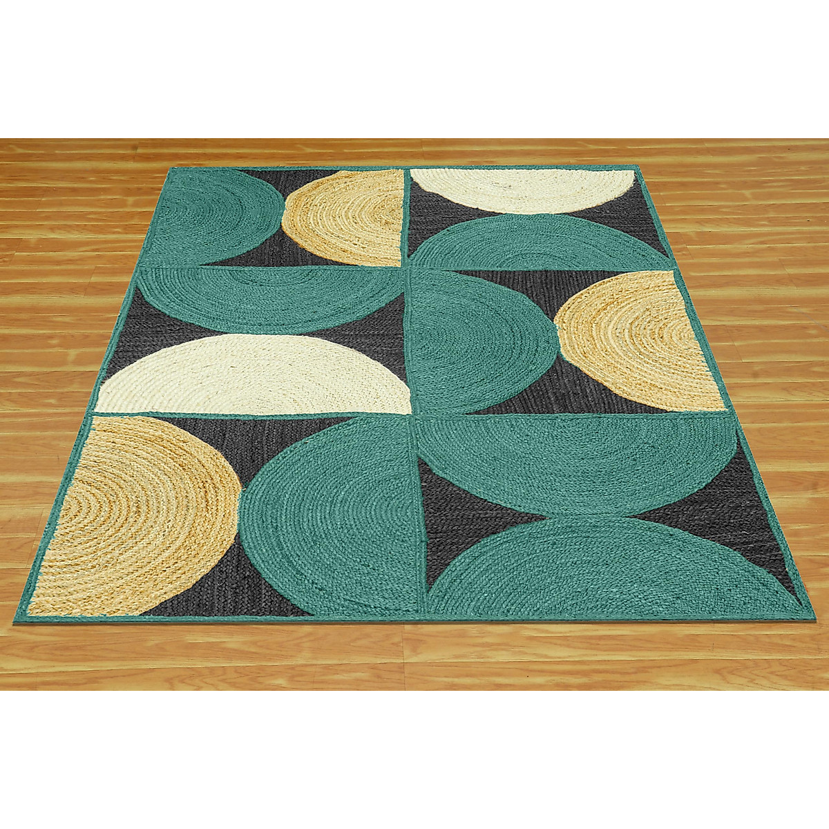 CASAVANI Collection Square - Area Rug 4x4 Black & Multi Pattern Braided Jute Rug Geometric Kilim Rug Indoor Outdoor Use Carpet Flatweave Rugs for Bedroom Bedside Mat Dining Table Mat & Hall
