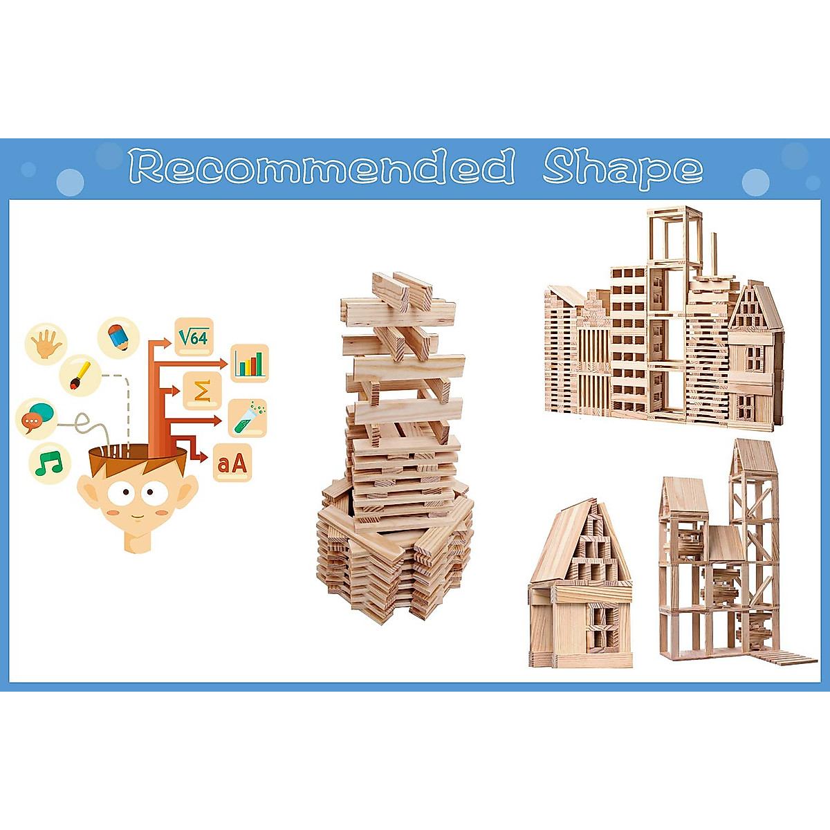 LuckIn 200-Pcs Wood Building Blocks for Kids over 3 Year Old, Structure Wooden Planks Set, Wood Stacking Blocks Brain Builders and Contraptions, STEM Toy for Boys and Girls