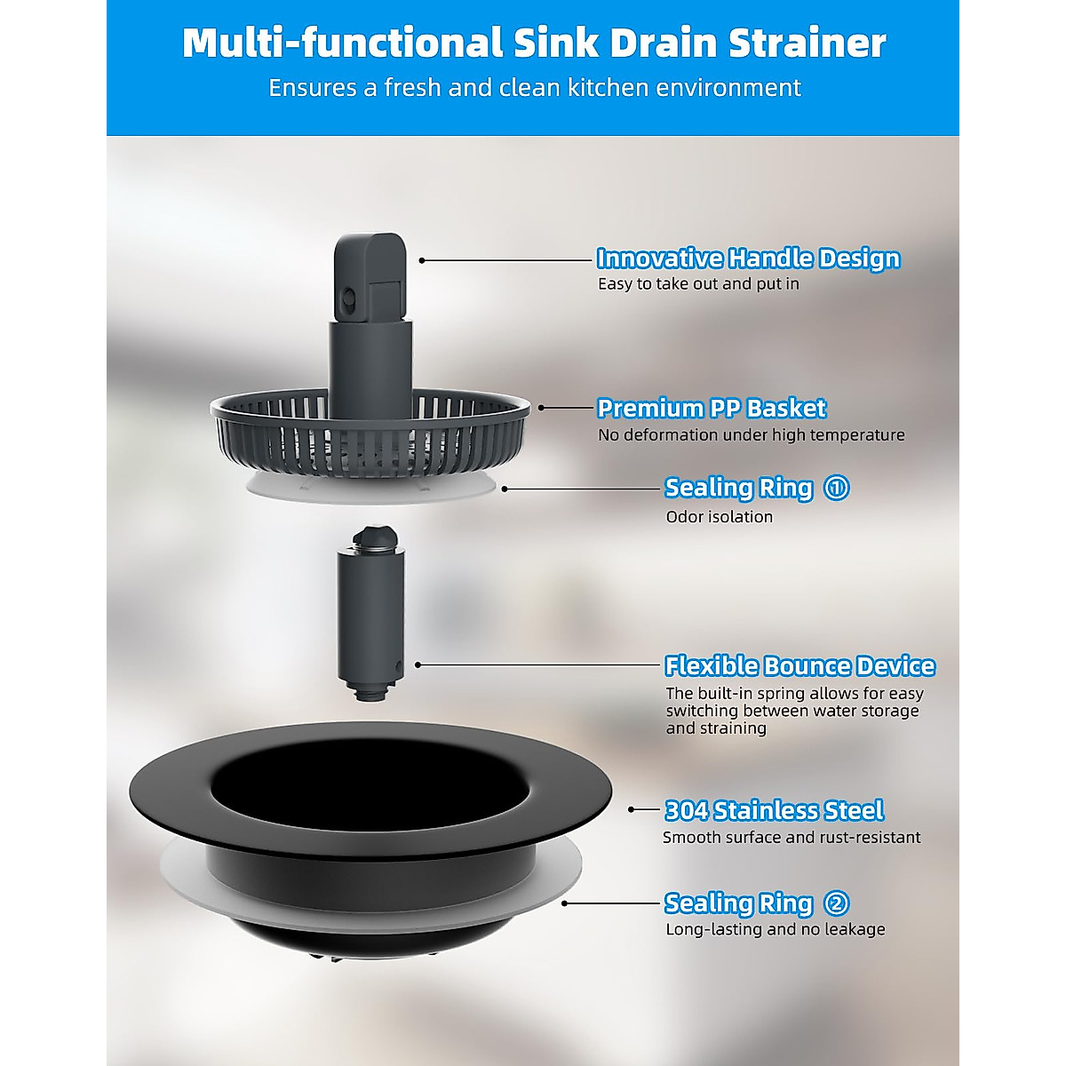 Hibbent 3 in 1 Kitchen Sink Drain Strainer and Stopper Combo, Stainless Steel Metal Pop Up Sink Stopper, Anti-Clogging Basket Strainer with Foldable Handle for US Standard 3-1/2" Drain, Matte Black