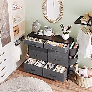 WLIVE Dresser for Bedroom with 6 Drawers, Tall Storage Tower with Drawer Organizers, Side Pockets and Hooks, Fabric Dresser, Chest of Drawers for Living Room, Closet, Hallway, Dark Grey