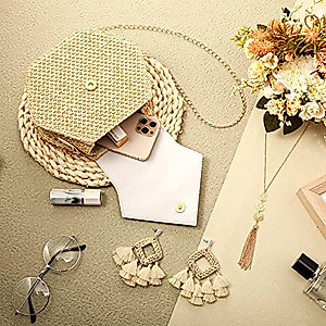 3 Pcs Women's Crossbody Straw Bag Straw Shoulder Bag Bohemia Rattan Tassel Earrings Pendant Tassel Long Hollowed Out Necklace (White)