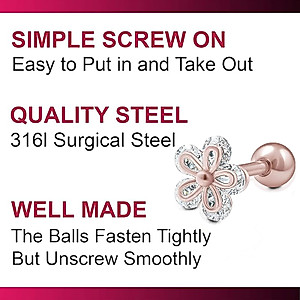 bodyjewellery 2pcs 16g 1/4 Cartilage Earring Stud Flower Barbell Forward Heilix Tragus Lobe Auricle Cartilage Bar Surgical Steel CZ - RG