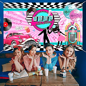 Mocsicka 50s Birthday Party Banner Back to 50's Rock and Roll Banner Backdrop 1950s Party Decorations Retro Rocking Backdrop for 50s Party, 72.8 x 43.3 Inch