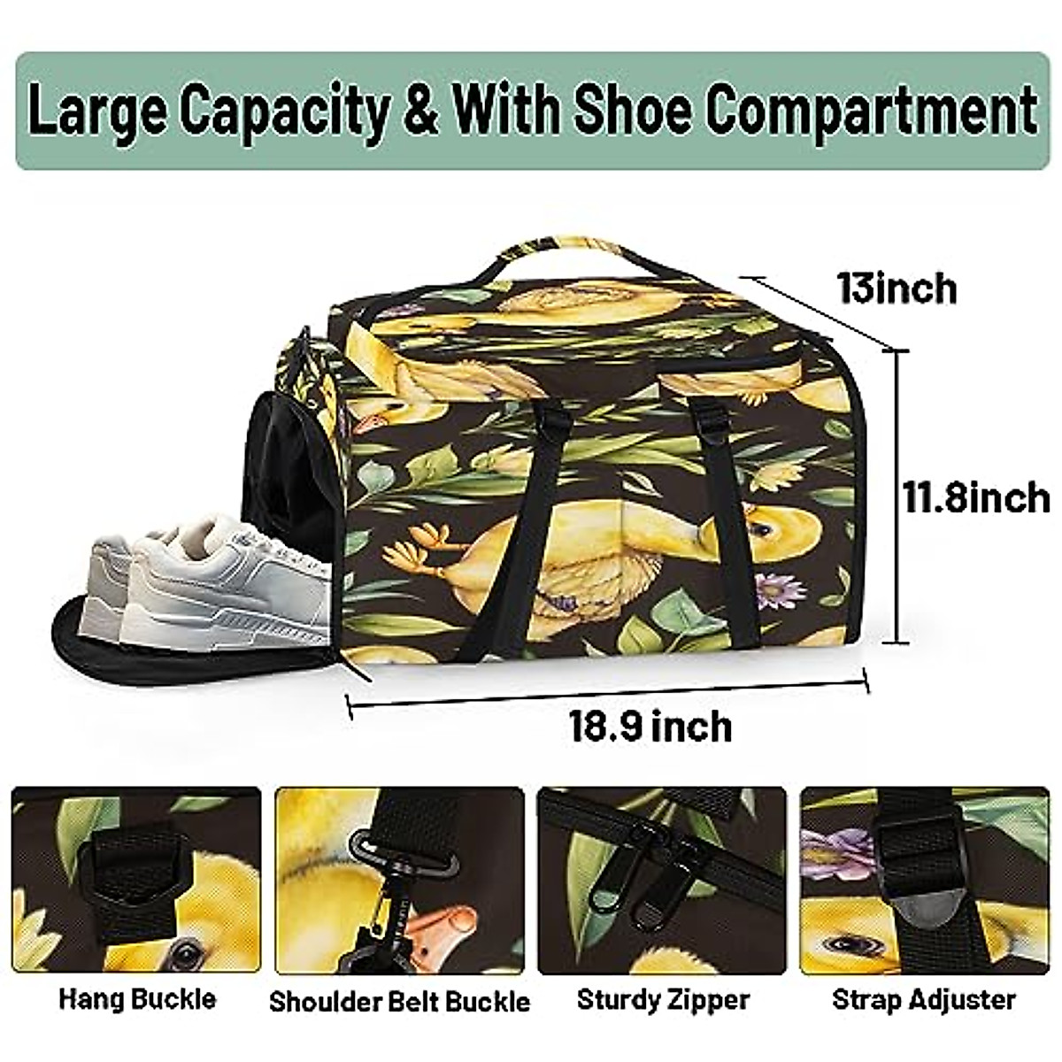 Yellow Duckling Flowers Vintage Style Gym Duffle Bag for Traveling Sports Tote Gym Bag with Shoes Compartment Water-resistant Workout Bag Weekender Bag Backpack for Men Women