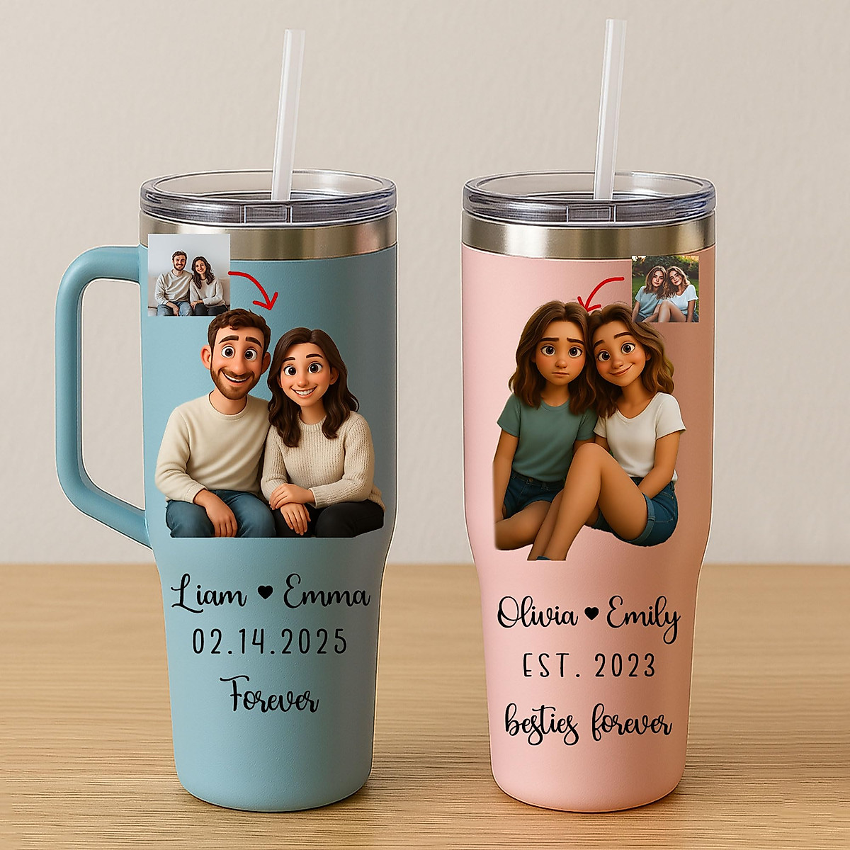 Custom Photo 3d Cartoon Tumbler 40 oz For Couple, Upload Your Image, Customize Name Date, Gift For Boyfriend, Girlfriend, Anniversary, Lid and Straw, Coffee Mug with Handle