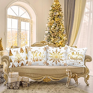 Lanpn White and Gold Bronzing Christmas Throw Pillow Covers 20x20 Set of 4, 20 inch Decorative Xmas Cushion Covers Pillow Cases 20 x 20 for Home Bedroom Room Holiday Couch Decor Decorations