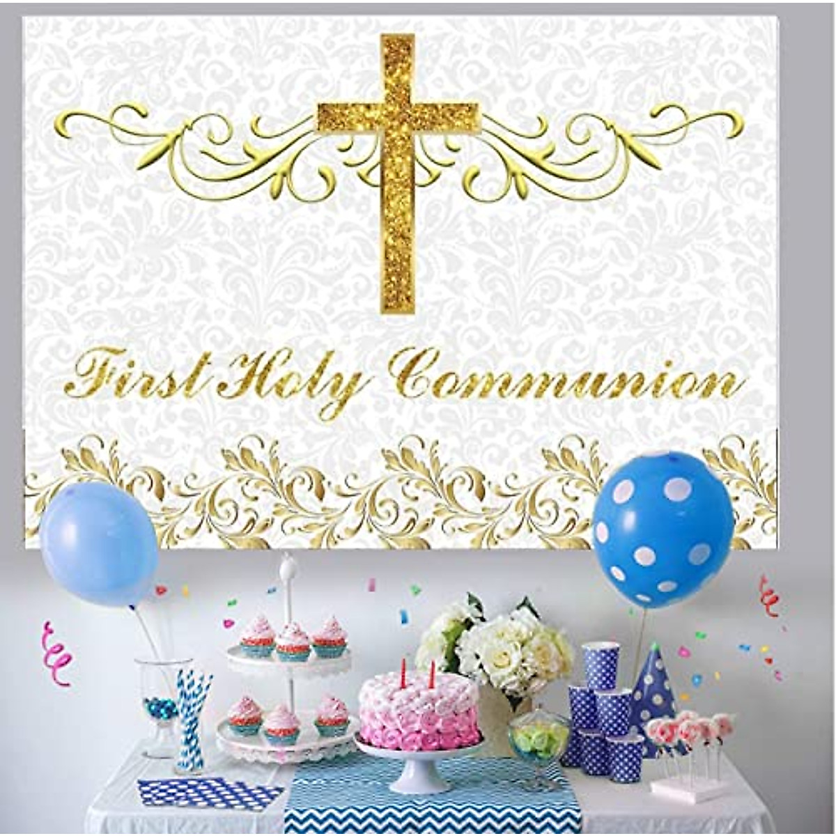 My First Communion Photography Backdrop Curtain Baby Baptism Background Gold Cross Photo Background White Texture Photo Graphic Decoration Set Props 5x3 feet Vinyl Banner