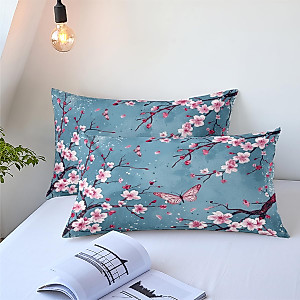 CCoutueChen Japanese Cherry Blossom Duvet Cover Set King Size Blue Floral Butterfly Comforter Bedding Set Retro Duvet Covers for Girls Women Adults Botanical Flower Duvet Cover with 2 Pillowcases