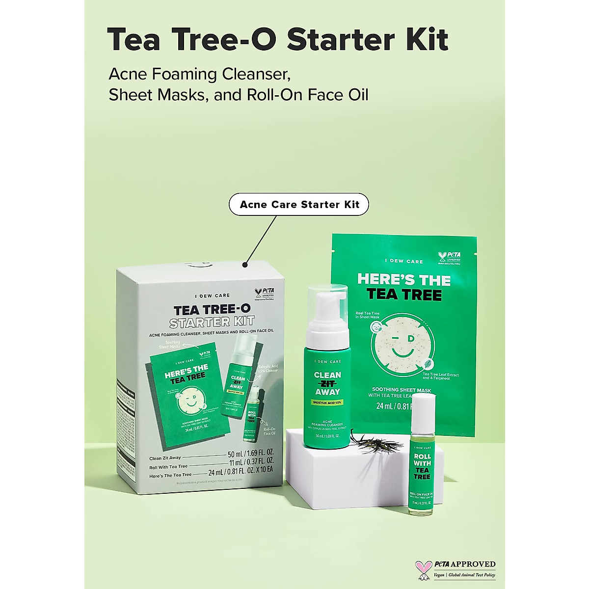 I Dew Care Skincare Set - Tea Tree-O Starter Kit | Salicylic Acid & Tea Tree Oil, Acne Care Treatment, Cleanser, Sheet Masks, and Roll-On Face Oil, Travel Size, TSA Friendly Size