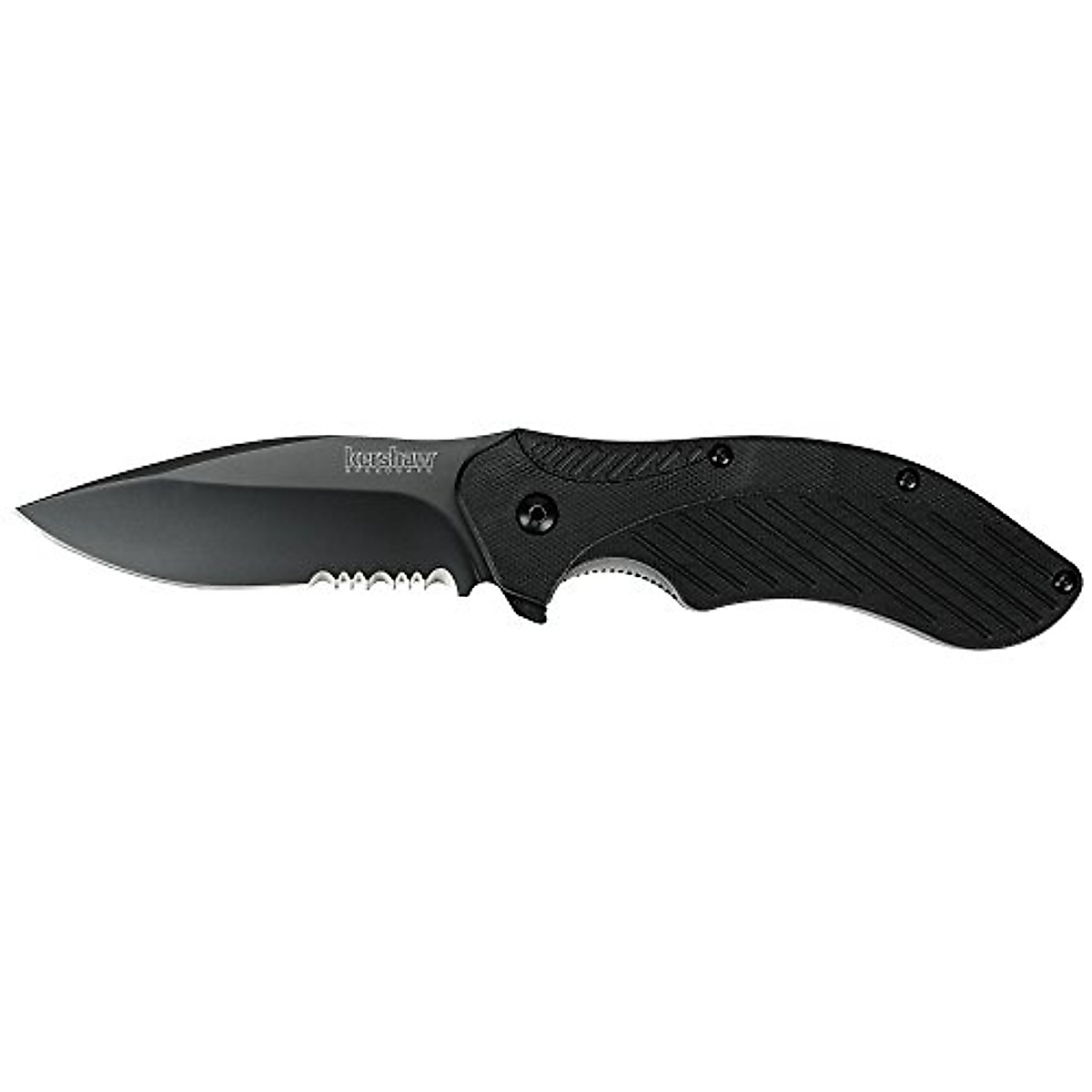 Kershaw Clash Black Serrated Pocketknife, 3" 8Cr13MoV Steel Drop Point Blade, Assisted One-Handed Flipper Opening, Folding Utility EDC