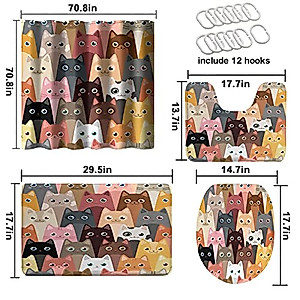 Zmcongz Cat 4 Pcs Shower Curtain Set Colorful Kitten Cartoon Kitty Funny Lovely Animal Bathroom Decor Bath Curtain with Rugs Toilet Lid Cover Bath Mat, 72x72 Inch