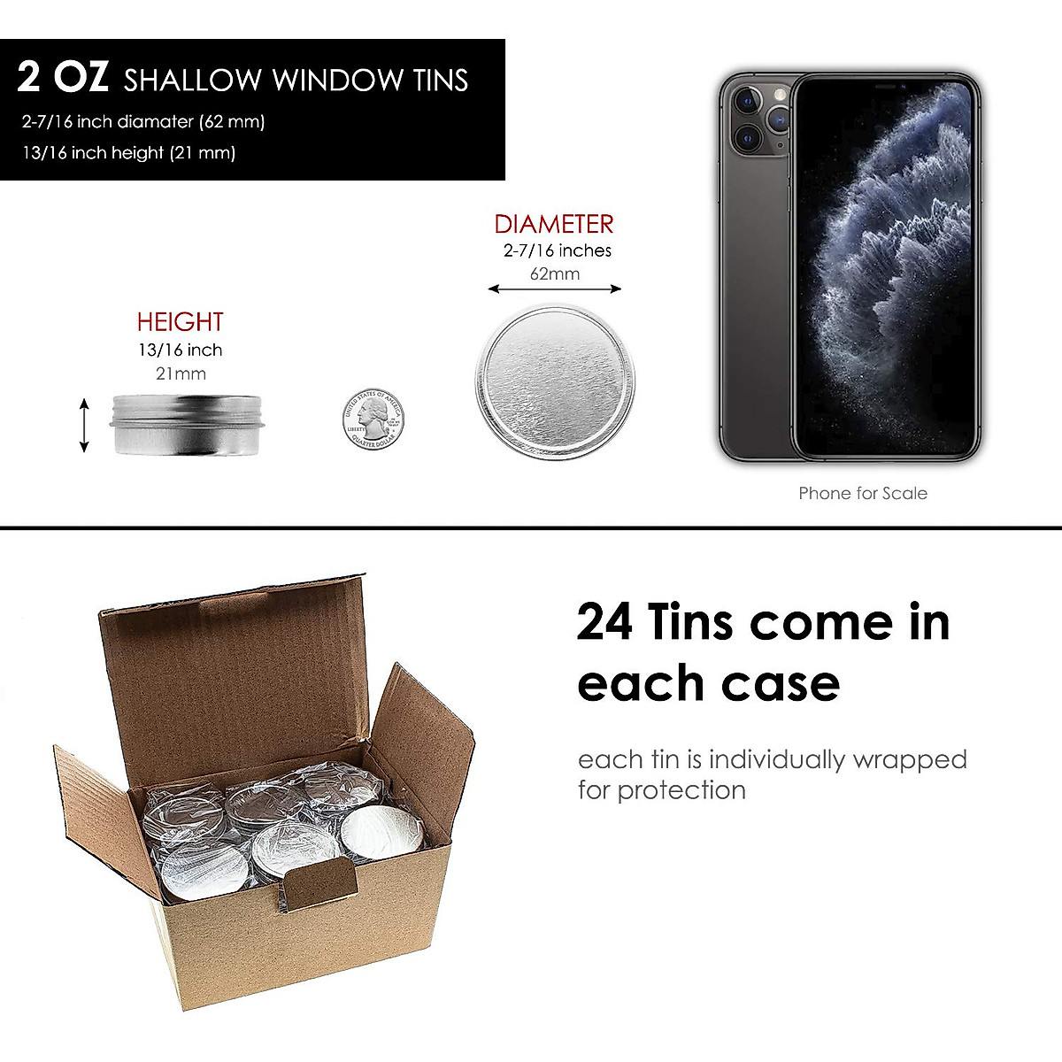 Mimi Pack 2 oz Silver Tins 24 Pack of Shallow Screw Top Round Tin Containers with Lids for Cosmetics, Party Favors, Gifts