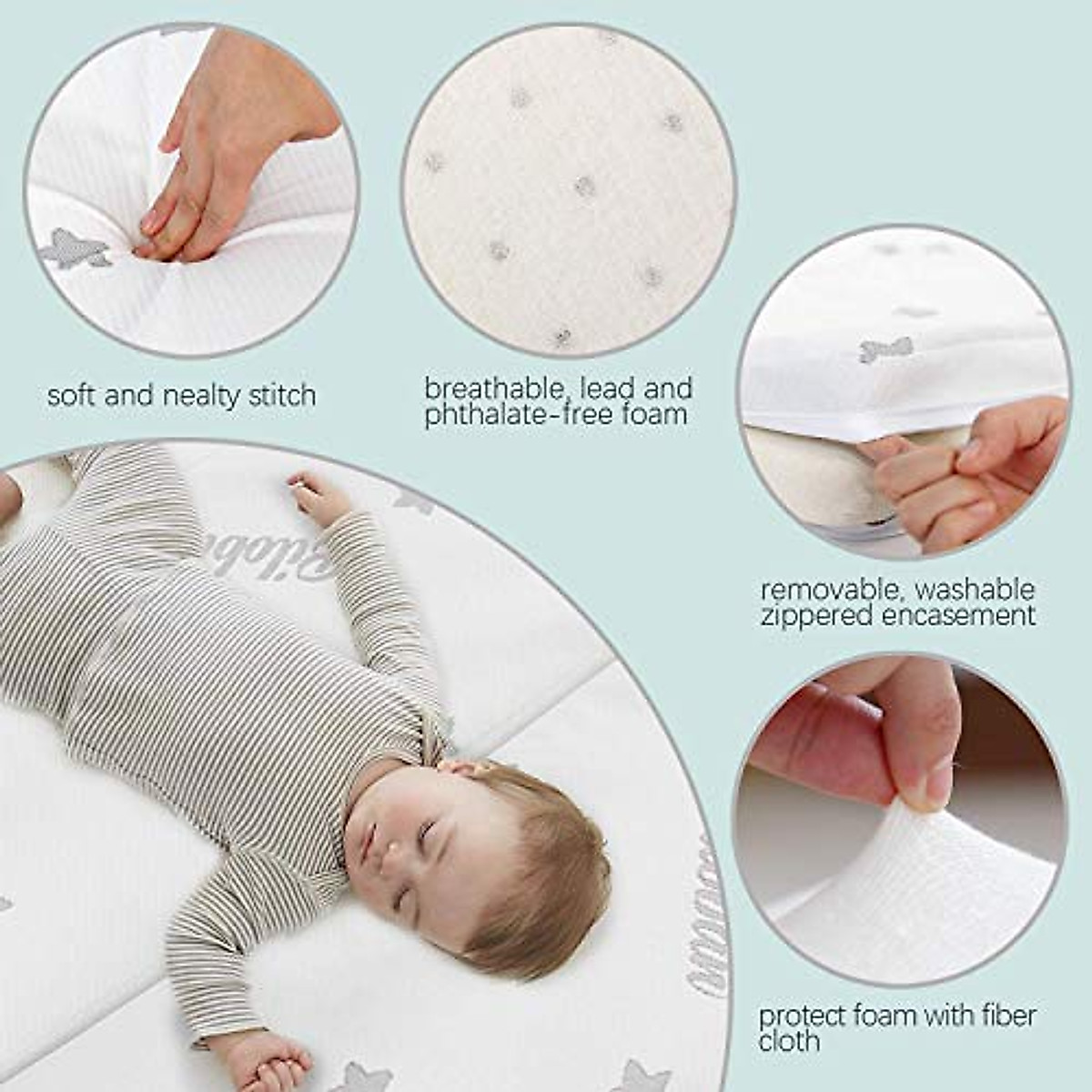 Trifold Pack and Play Mattress Topper 38" x 26", Waterproof Breathable Soft Portable Foldable Playard Mattress Pad, Baby Portable Foam Playpen Mattresses with Removable Zippered Cover White