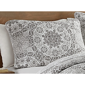 Mytex Ravenna 3-Piece All Season 100% Cotton fabric Prewashed Quilt set Medallion and Scroll pattern, Natural Puckered/Textured look, Gray, White, Full/Queen
