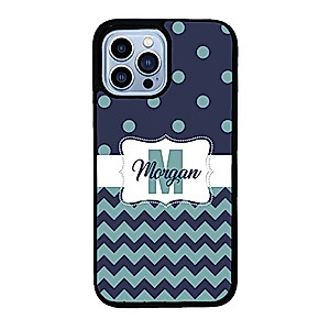 Teal Dark Blue Polka Dot Chevron Personalized Apple iPhone Black Rubber Phone Case Compatible with iPhone 14 Pro Max, Pro, Max, iPhone 13 Pro Max Mini, 12 Pro Max Mini, 11 Pro Max X XS Max XR 8 7 Plus