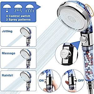 High Pressure Shower Head with Hose, REHAVE Water Saving RV Handheld Shower Head, Shower Sprayer, 3 Mode, Handheld Spray Showerheads for Dry Skin Hair Loss, Purifying Filtration Mineral Stone Beads