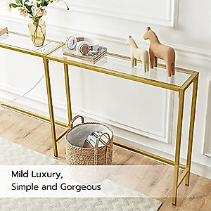 HOOBRO Gold Console Table, 70.9" Tempered Glass Sofa Table, Modern Extra Long Entryway Table with USB Ports, Behind Couch Table for Entryway, Hallway, Foyer, Living Room GD18UXG01