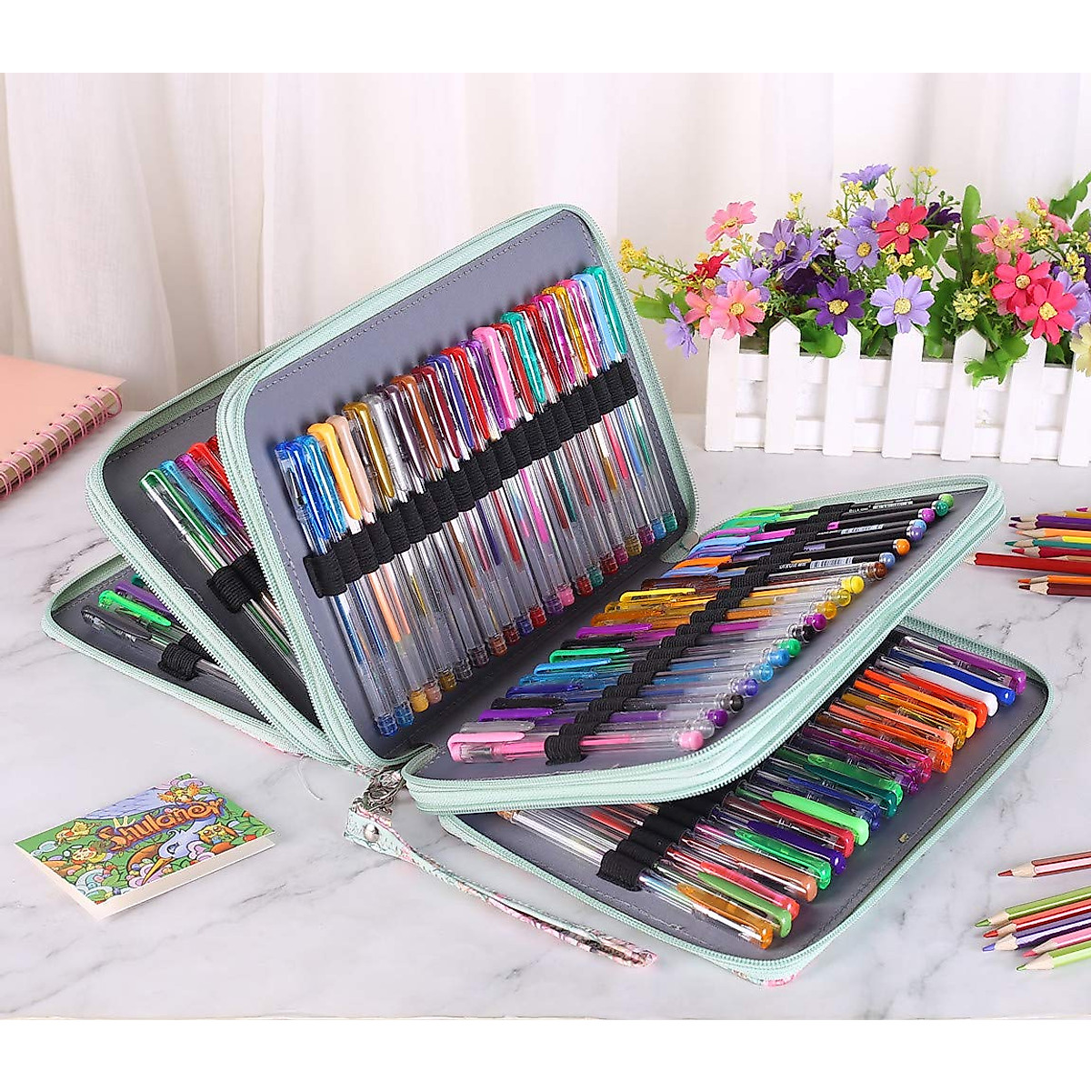 Shulaner 160 Slots Gel Pen or Colored Pencil Case with Zipper Closure Large Capacity Oxford Pen Organizer (Green Rose Gel Pen Case)