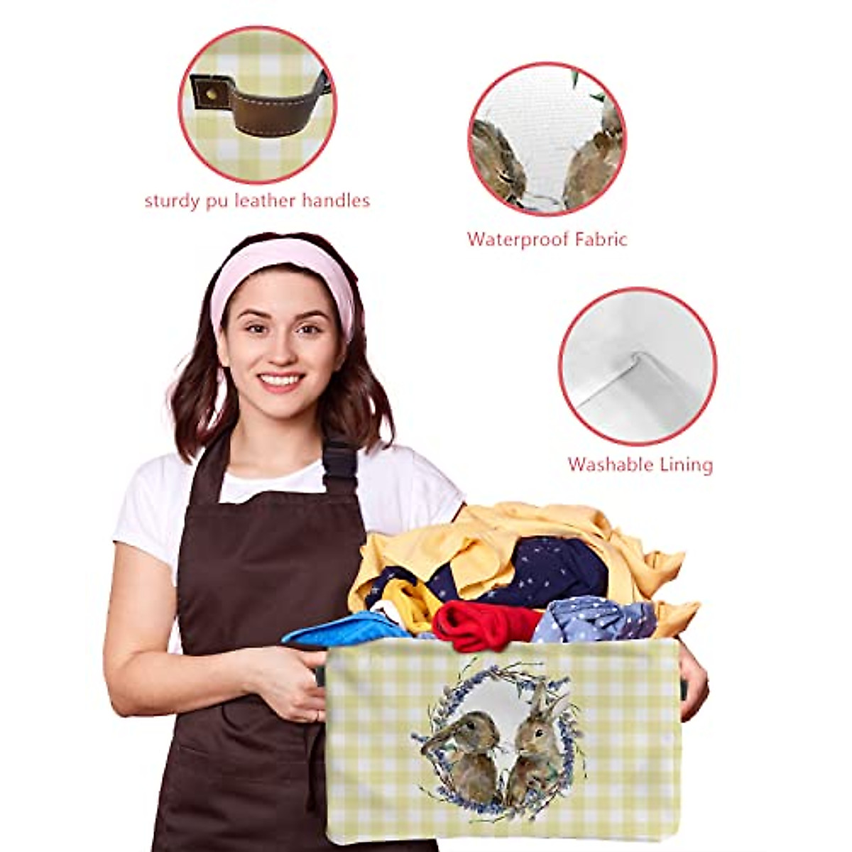 Large Storage Baskets Bins Easter Bunny Wreath Collapsible Storage Box Laundry Organizer for Closet Shelf Nursery Kids Bedroom Spring Happy Easter Yellow Buffalo Plaid