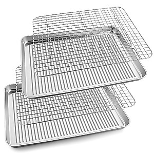 Baking Sheet Pan with Rack Set, E-far 16”x12” Stainless Steel Cookie Sheet for Oven Cooking Roasting, Rimmed Textured Metal Tray with Wire Cooling Rack for Resting Bacon Meat Steak - Dishwasher Safe