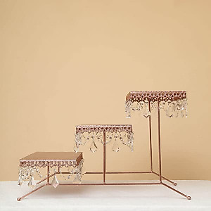 Efavormart 15" Tall Rose Gold 3 Tiered Serving Stand Cupcake Dessert Stand with Crystal Pendants