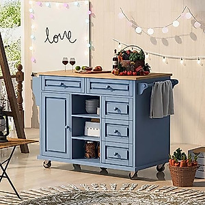 OTRIEK Kitchen Island, Kitchen Cart for Home with Rubber Wood Desktop, Rolling Serving Utility Trolley Cart on Wheel with Storage and 5 Draws, Kitchen Serving Cart for Dining Room, Bar (AAG-Blue)