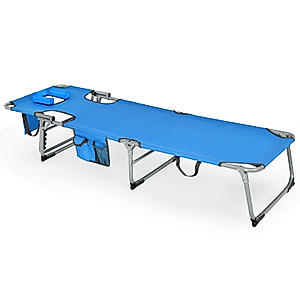 Tangkula Beach Chaise Lounge Chair with Hole for Face, Patio Folding Adjustable Reclining Beach Sunbathing Chair with Side Pocket, Portable Face Down Tanning Chair for Outdoor Backyard Poolside (2)