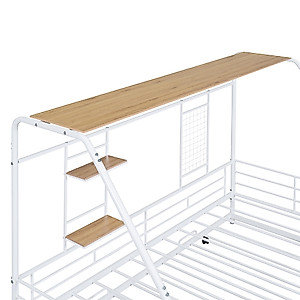 Linique Twin Size Metal House Bed with Trundle,Twin Size Platform Metal Bedframes with Built-in Shelf and Grid,White