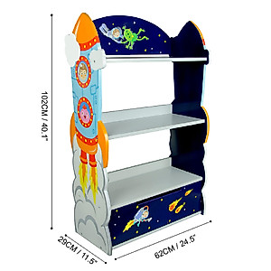 Fantasy Fields Outer Space 3 Tier Kids Bookcase, Wooden Kids Book Shelf with Hand Crafted Designs and Toy Storage Drawer, Blue