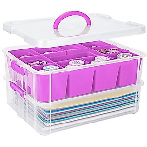 TERGOO 2 Layer Plastic Storage Containers with Removable Tray, Multipurpose Stack & Carry Box with Lid, Portable Craft Organizers and Storage Bin for Organizing Art & Craft Supplies, Crayon(Purple)