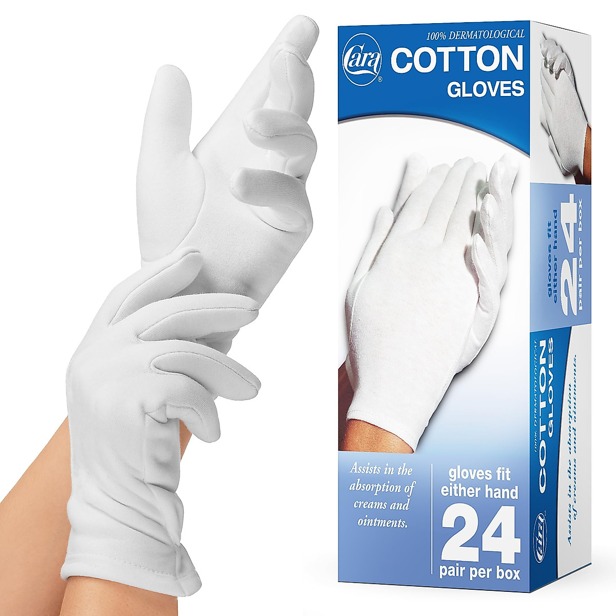 Cara Moisturizing Eczema 100% Premium Cotton Gloves, Medium, White, 24 Pair